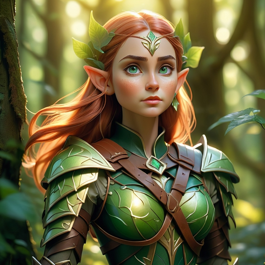 Elf ranger in a mystical forest around sunlight