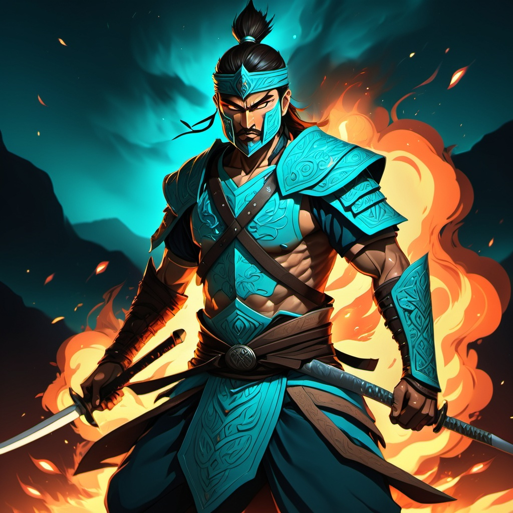 anime style turkic warrior coming out of fire in the...