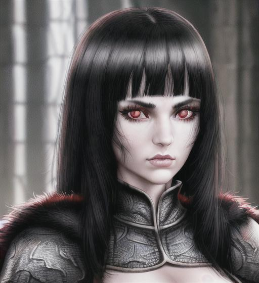 Female with black hair, portrait, red eyes, 4k, hype... | OpenArt