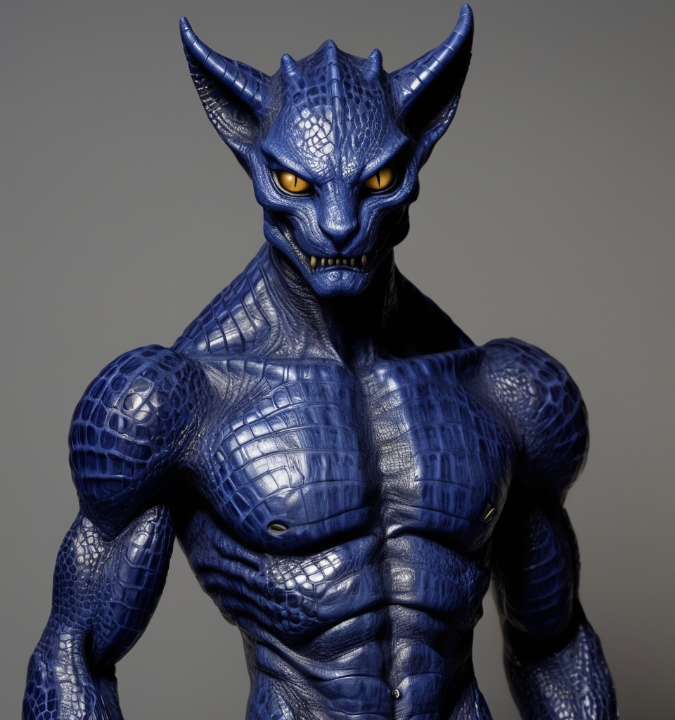 Humanoid demon with indigo matte alligator skin , ca...