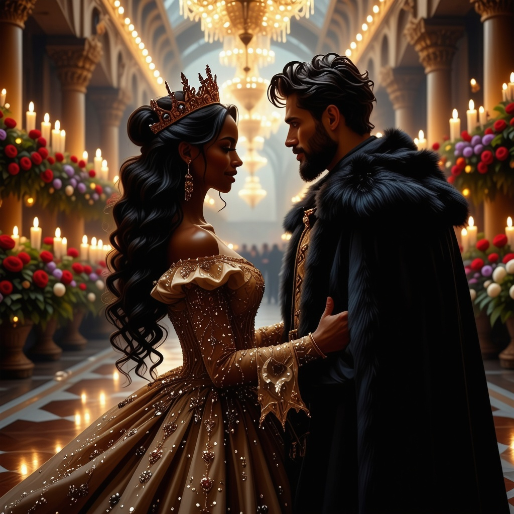A stunning black queen, adorned in an intricately be...