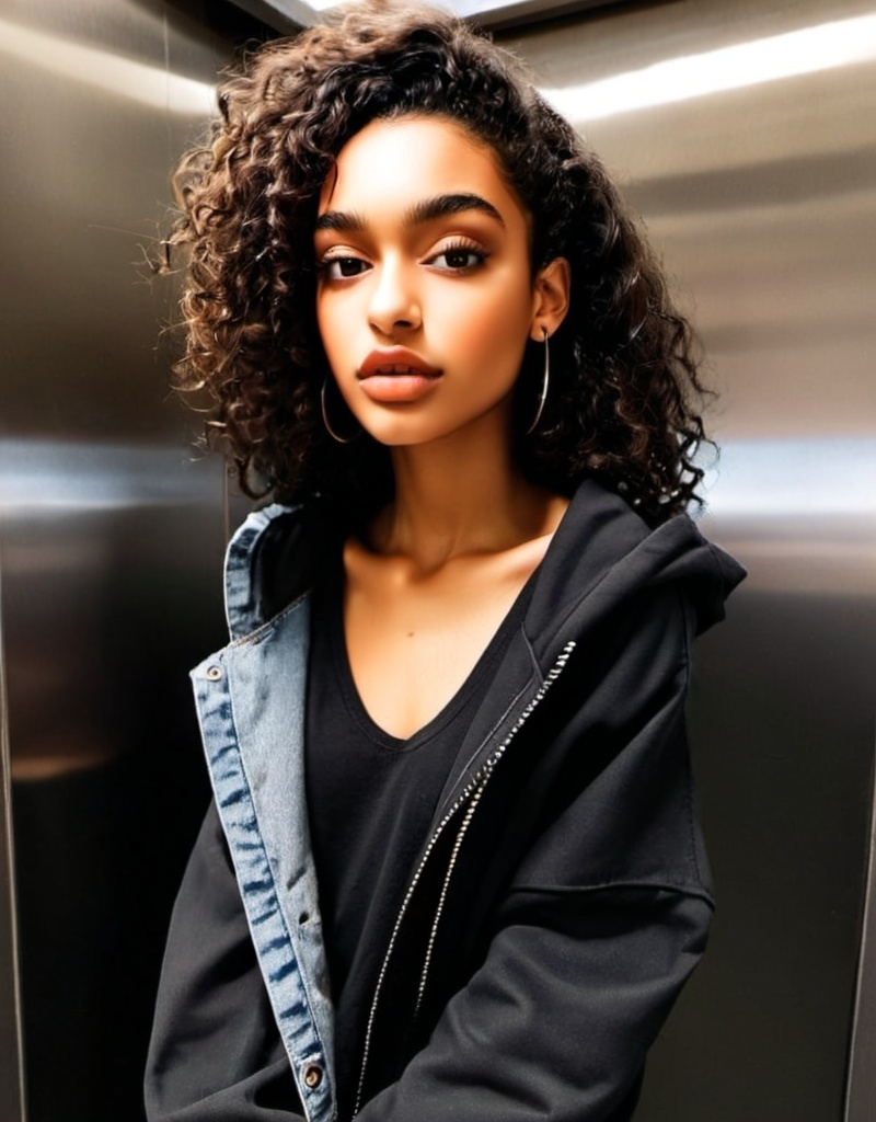 Realistic image of girl in an elevator posing wearin...