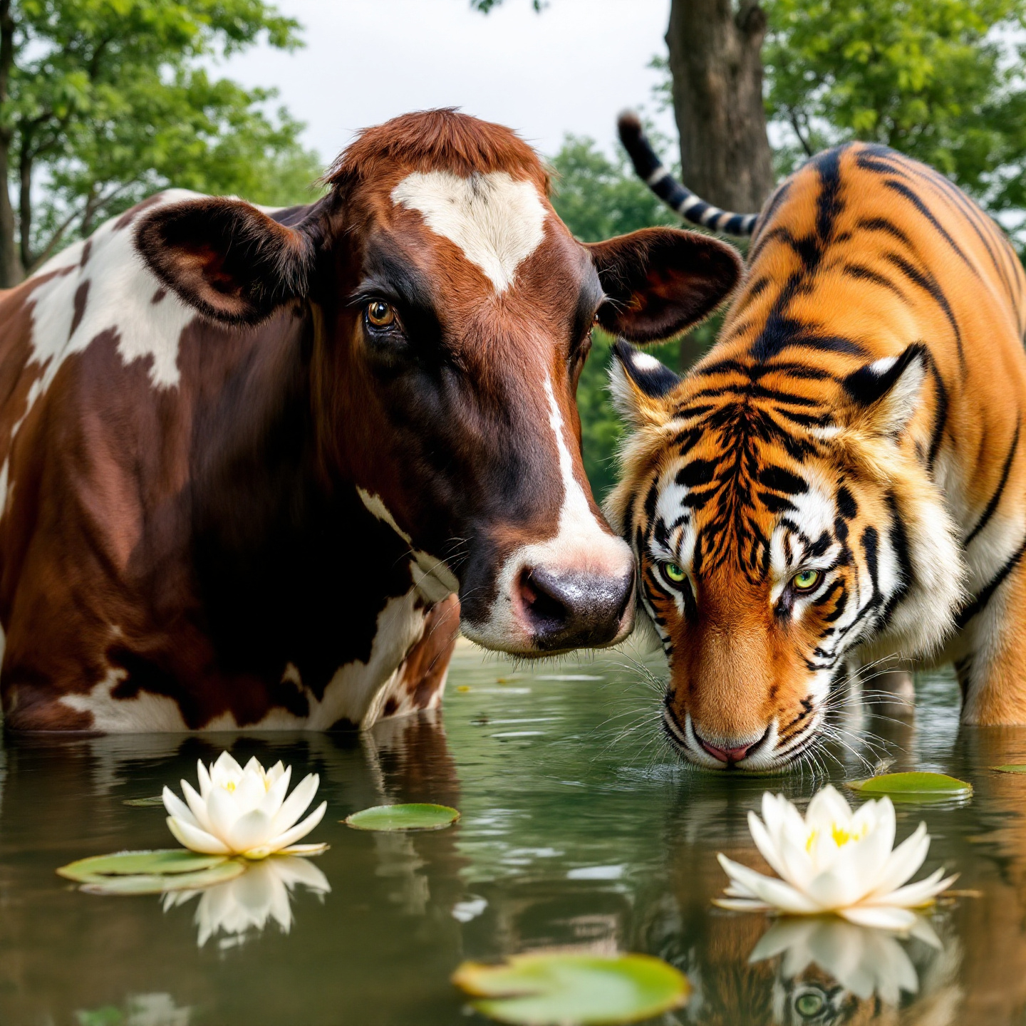 a cow and a royal bengal tiger drinking side by side...