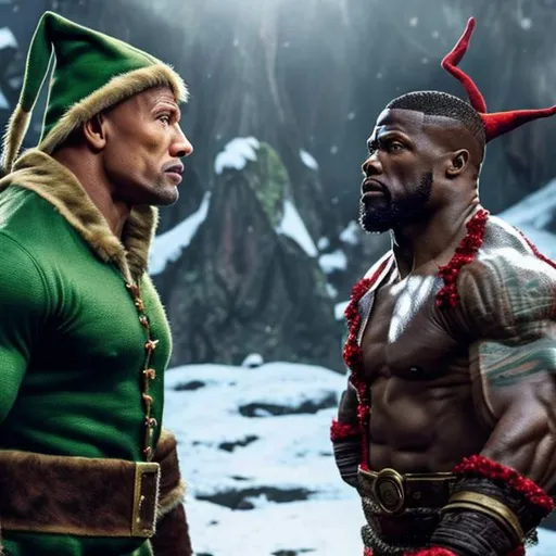 dwayne Johnson as a elf fighting alongside kevin har...