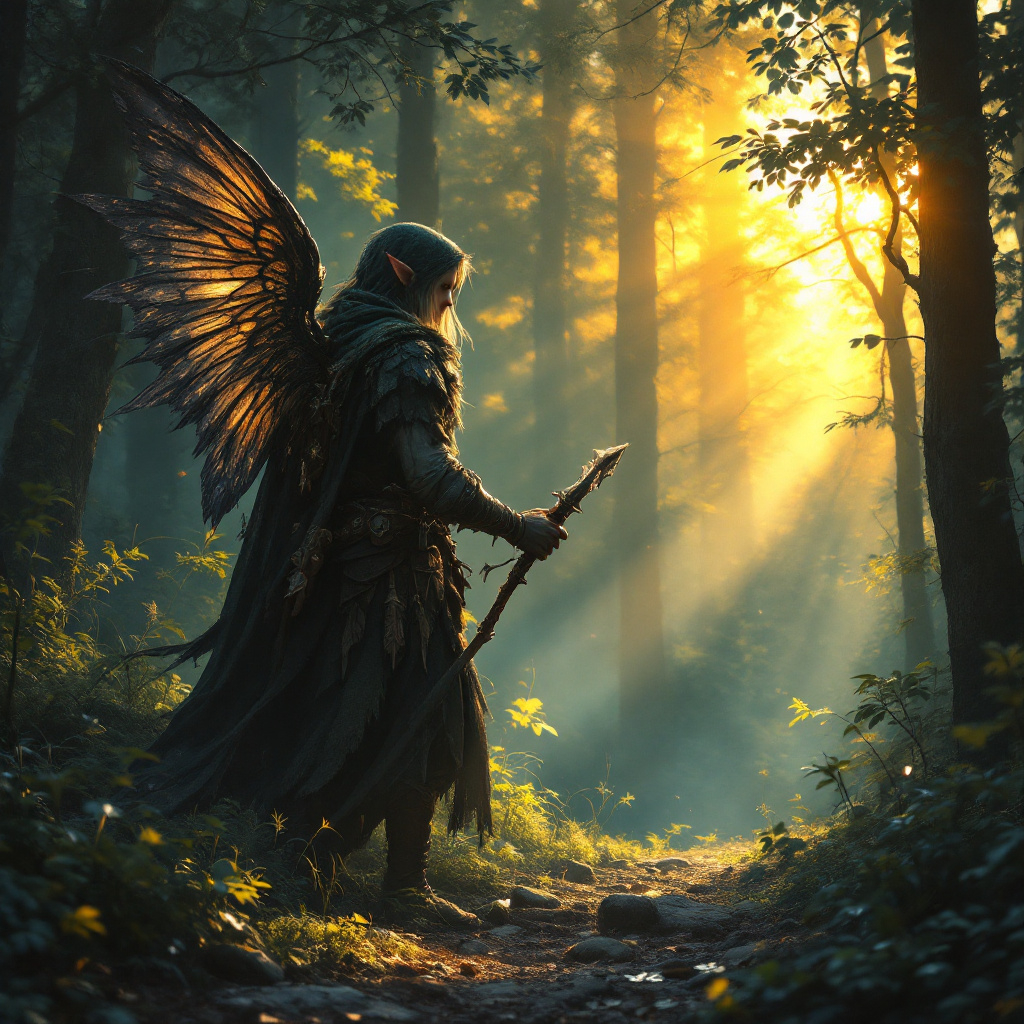 Elf ranger in a mystical forest around sunlight