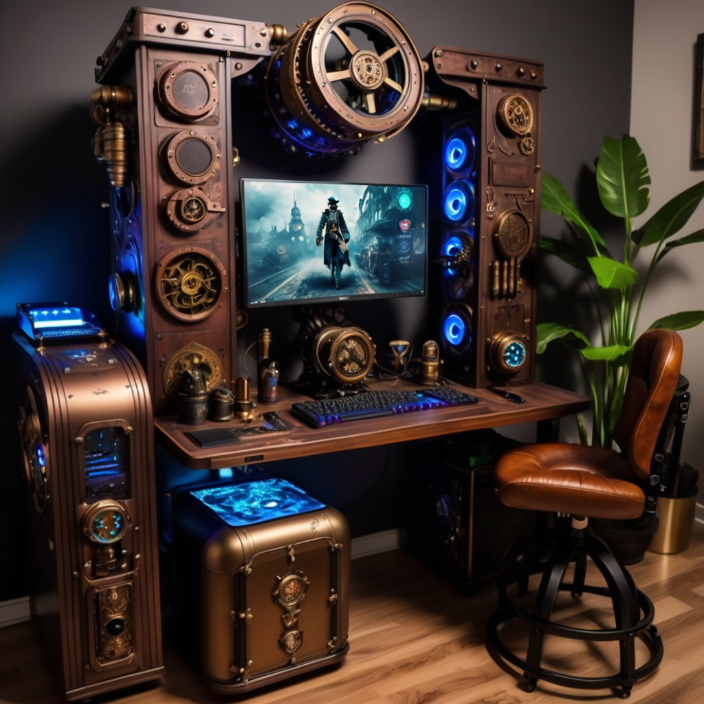 awsome gaming PC setup with steam punk theme
