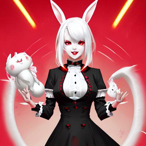 cute girl rabbit, white hair, red eyes, fangs, desig... | OpenArt