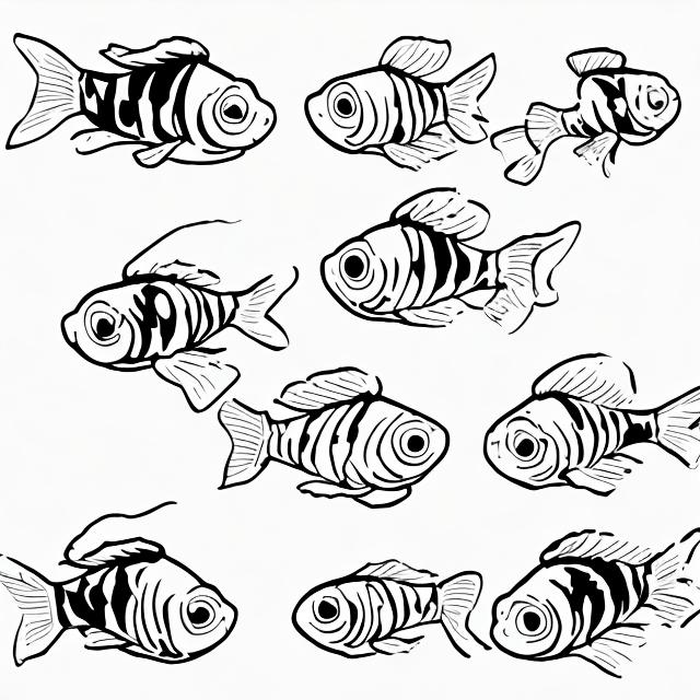 A simple line drawing of a group of 9 goldfish.