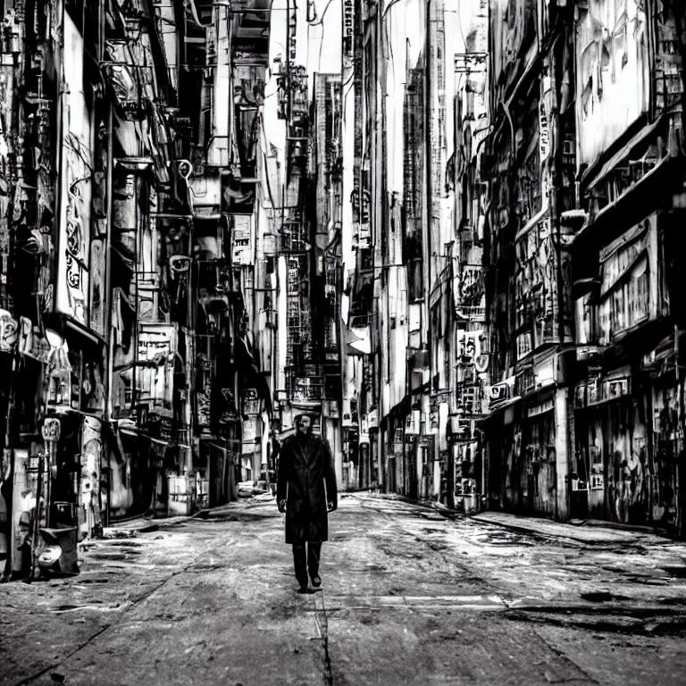 Delusion psychotic man in a street city in cyberpunk...