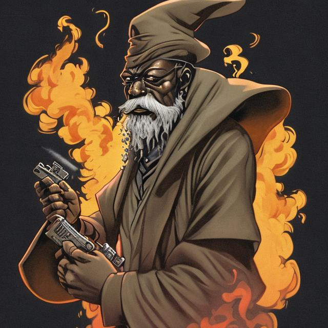 dark skinned wizard smoking while holding a gun | OpenArt