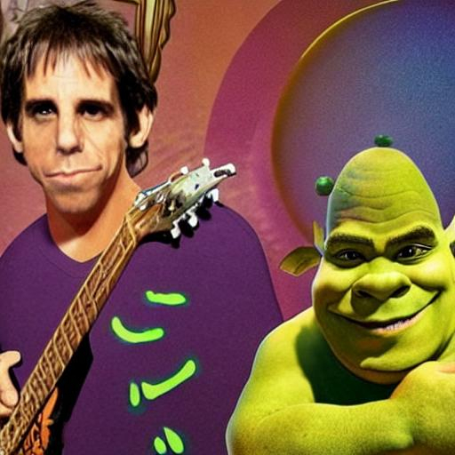 Cool Shrek and Ben Stiller start an epic rock band 7... | OpenArt