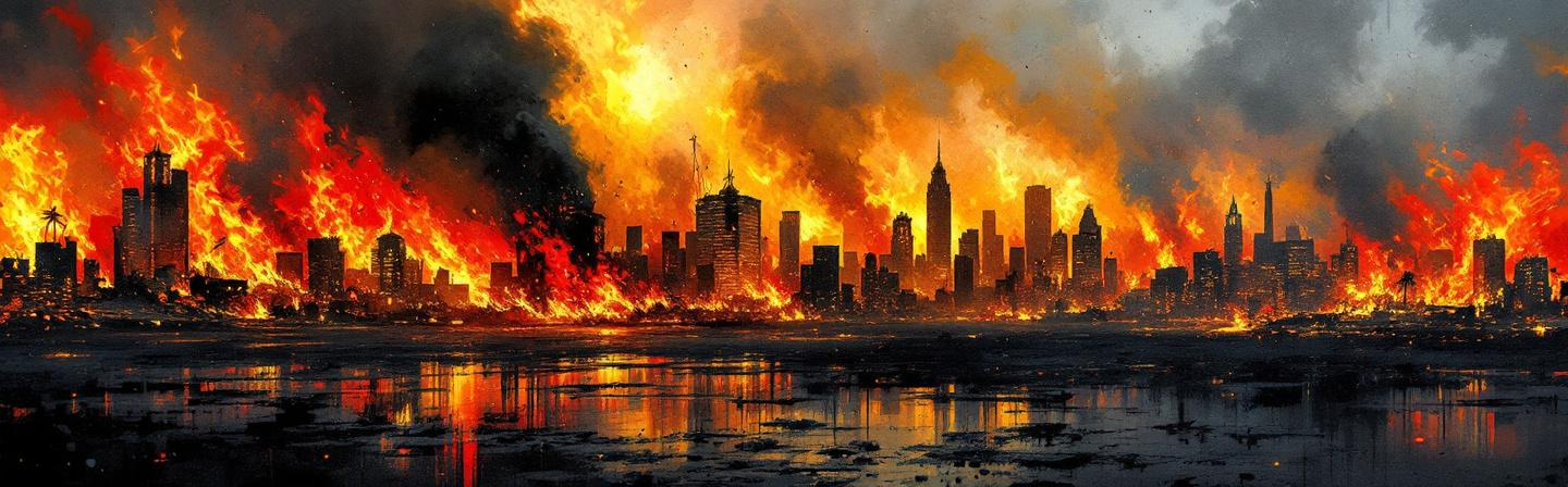 Graffiti, splatter painting of a burning city destro...