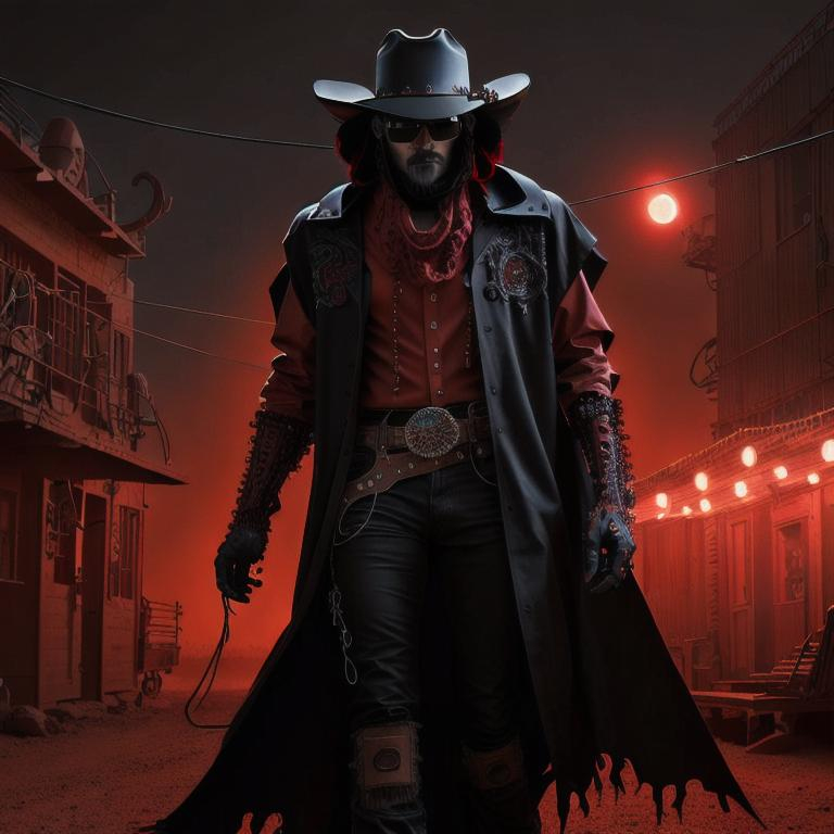 Cyber Cowboy with 4 Arms, fiery red Poncho, Dressed... | OpenArt