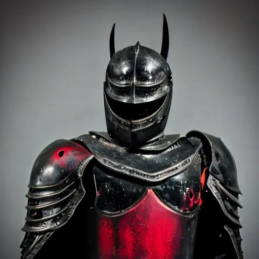 haunted suit of black knight armor with red eyes hol...