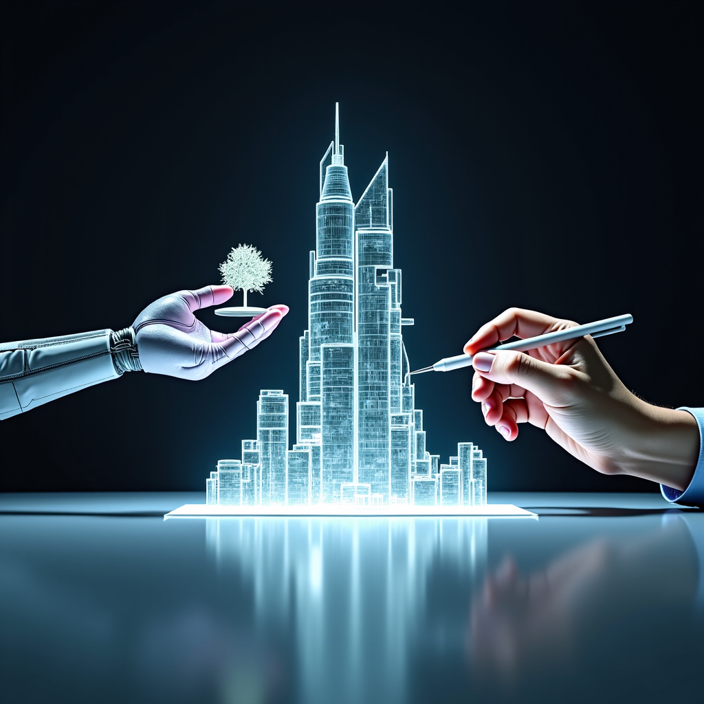 Create a futuristic scene showing collaboration betw...