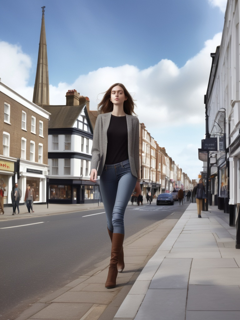 Tall young woman walking down the high street, detai...