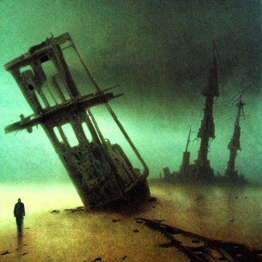 Beksinski post Apocalyptic wasteland, shipwreck in t... | OpenArt