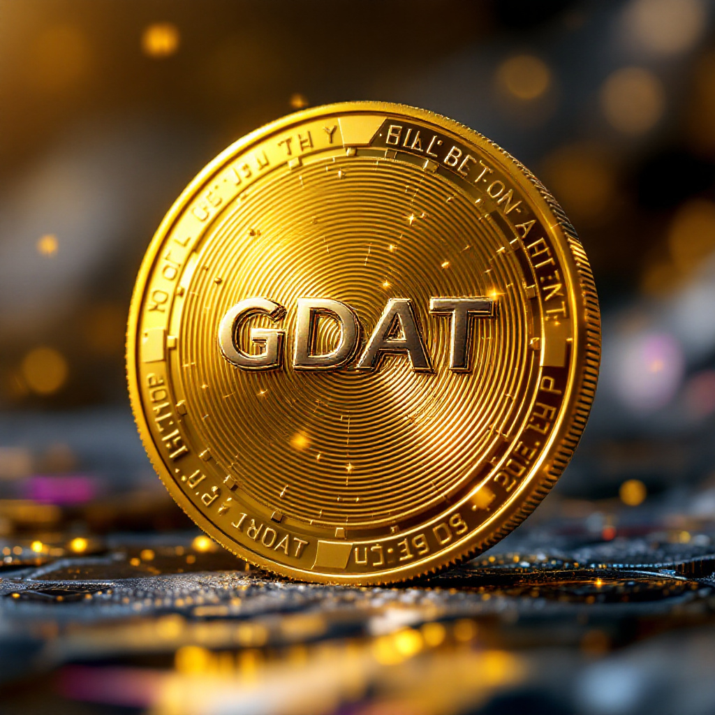 Create a GDAT logo on a golden digital coin, reflect...
