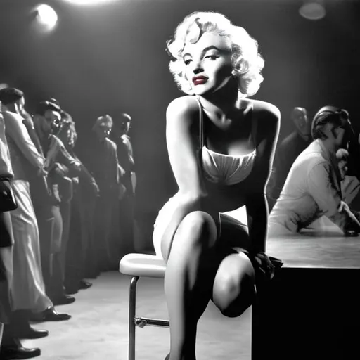 Marilyn Monroe sitting on a stool alone in a big sce...