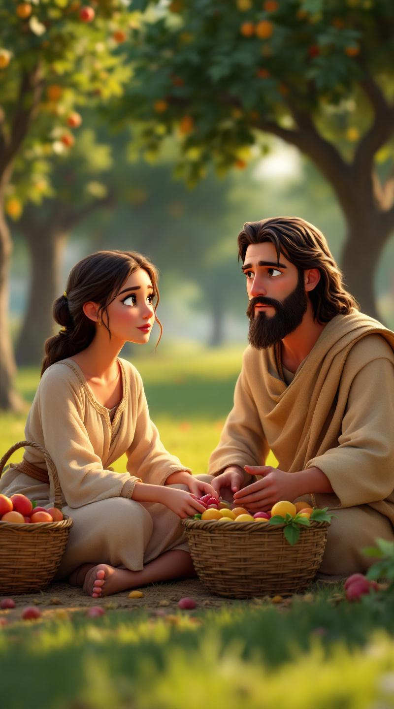 "An animated scene in daylight showing Jesus sitting...