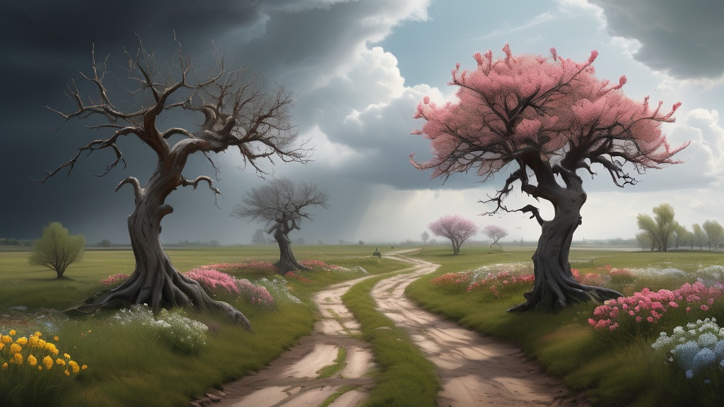 The left side features a bleak environment with barr...