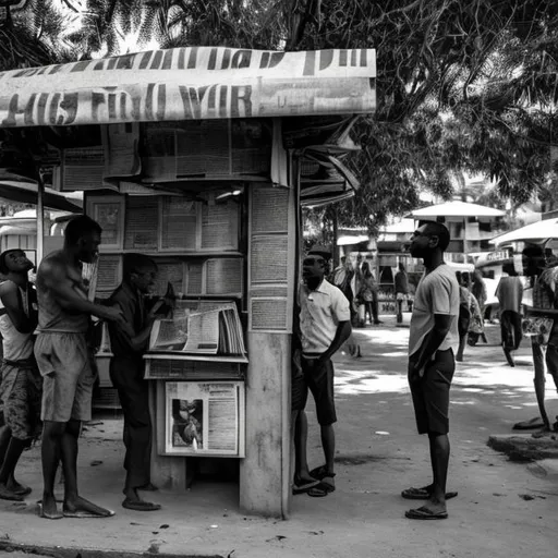 A newspaper stand underneath a mango tree surrounded...