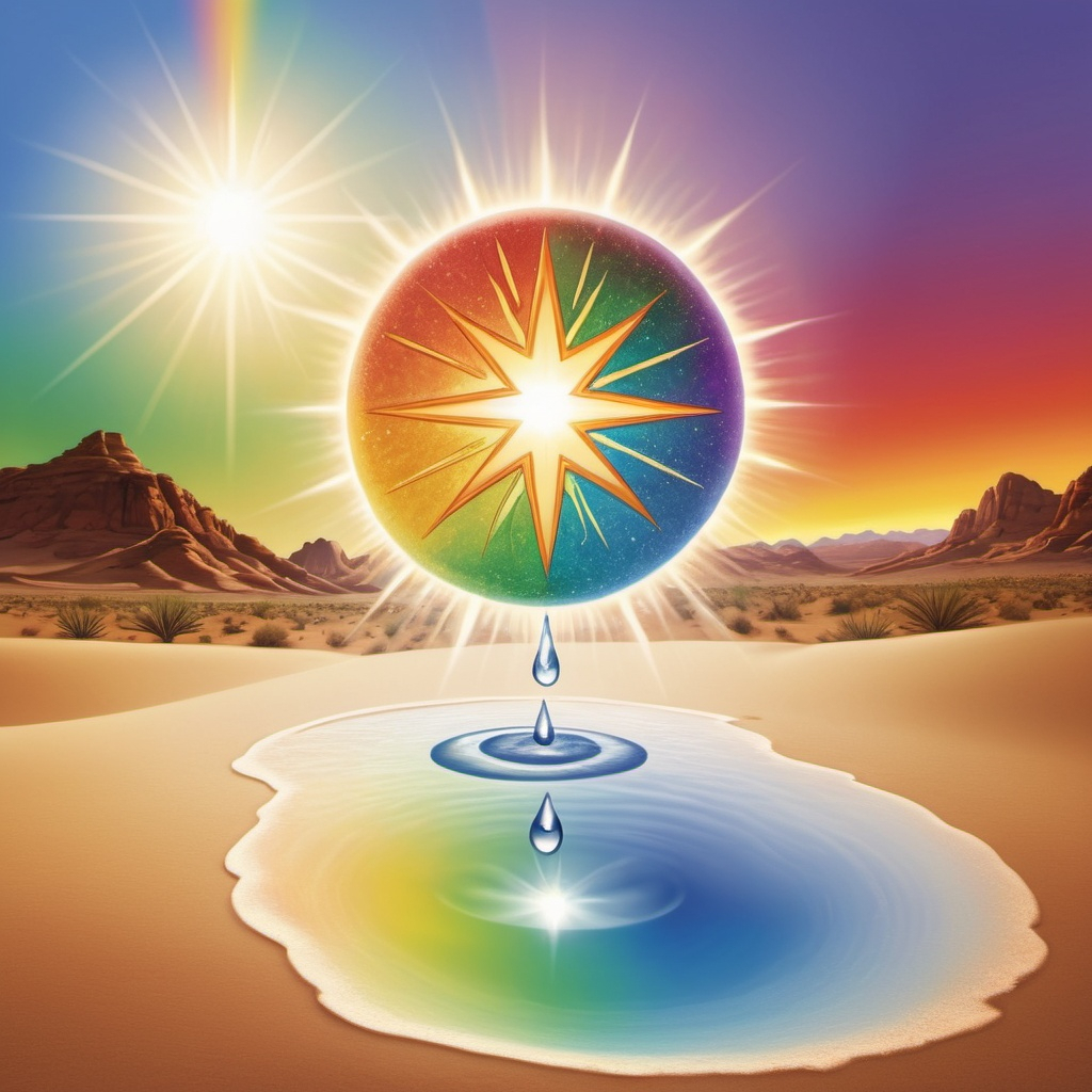 Symbolic illustration of a sun, shimmering water dro...