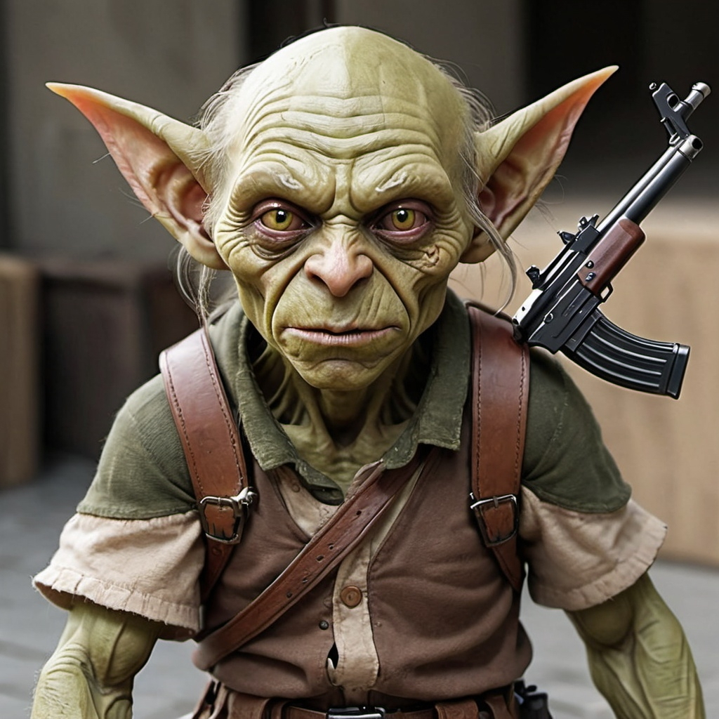 super realistic goblin with ak-47
