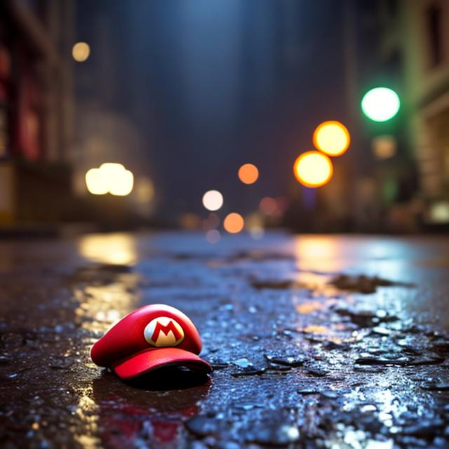 Mario’s cap lying on a wet pavement in a city at nig... | OpenArt