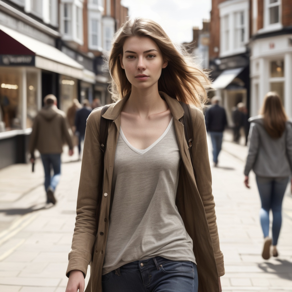 Tall young woman walking down the high street, detai...
