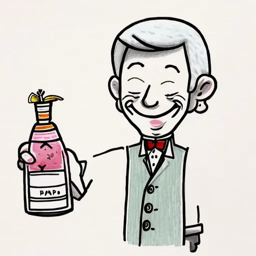 A hand drawn picture of a small stiff man holding a...