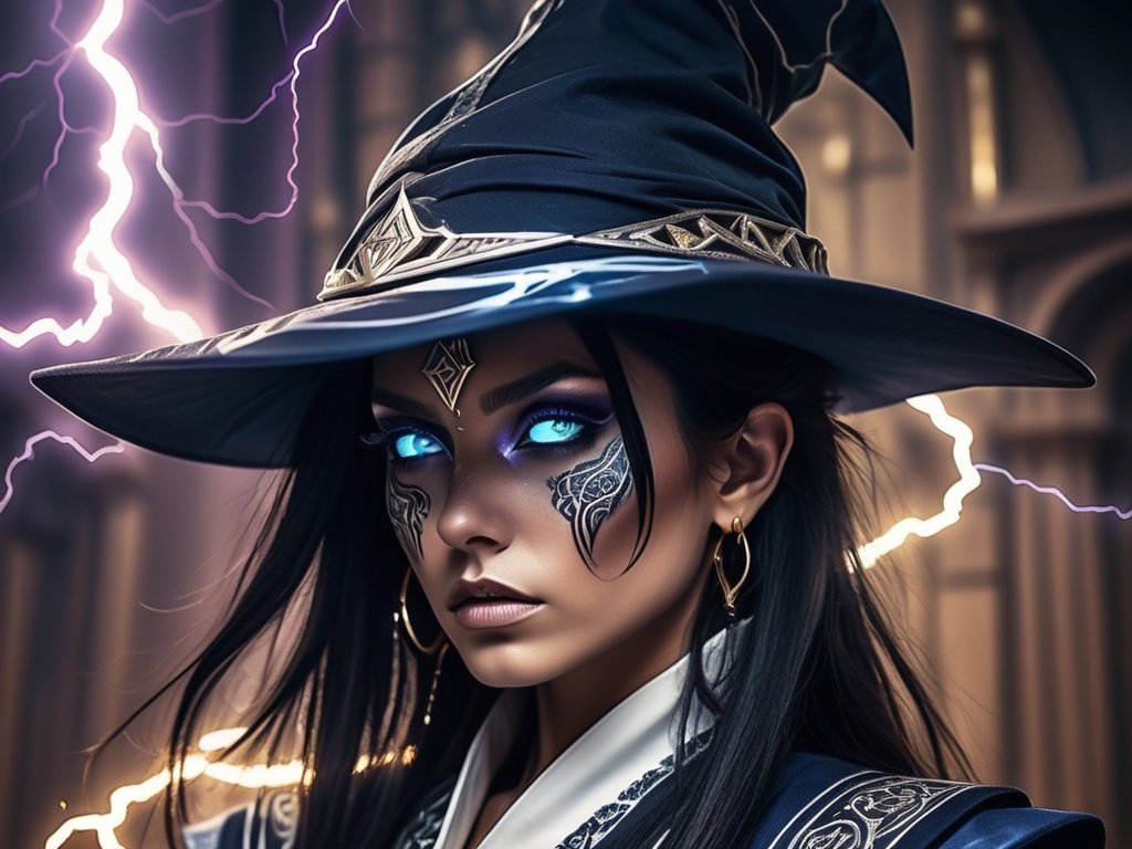 A powerful dark magician woman standing in a dramati...