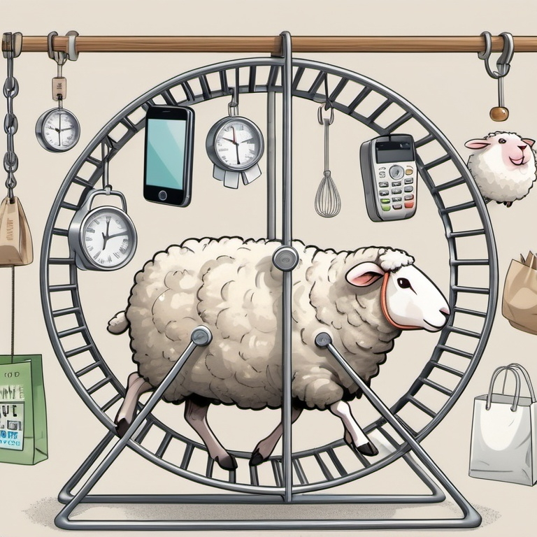 illustration of a sheep walking inside a hamster whe...