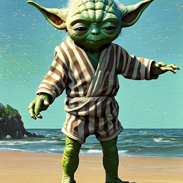 Yoda from star wars wearing a short retro swimsuit w...