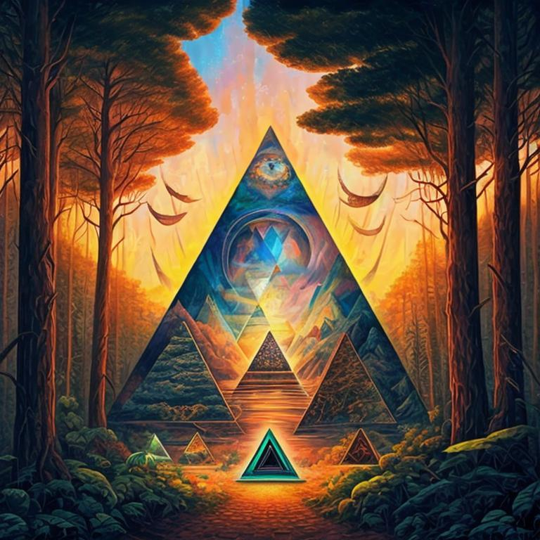 a painting of a triangle in the middle of a forest,...