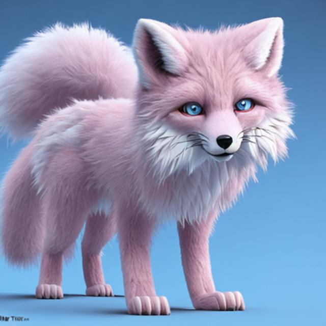 pink fluffy anthromorphic fox with blue eyes