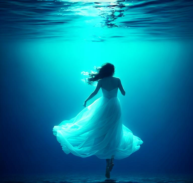 long shot of woman sinking through deep water and re...