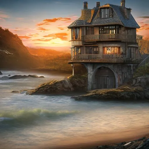 steampunk, house, sunset, sea, high resolution, 16:9 | OpenArt
