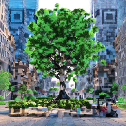 a large tree in the middle of a city. The tree has a...
