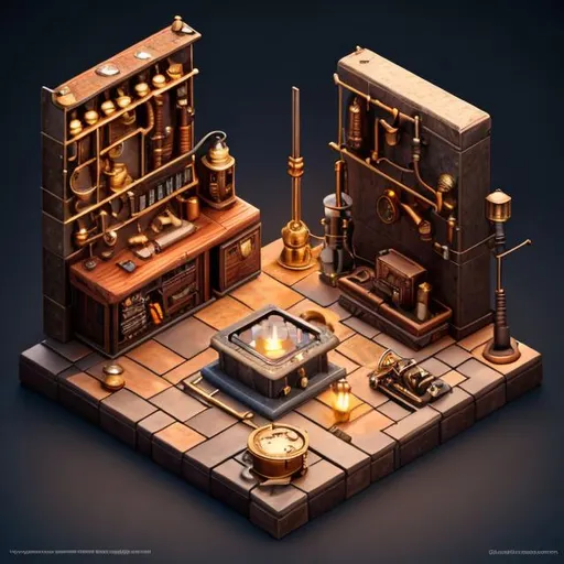 cute isometric steampunk forge and anvil in middle,...
