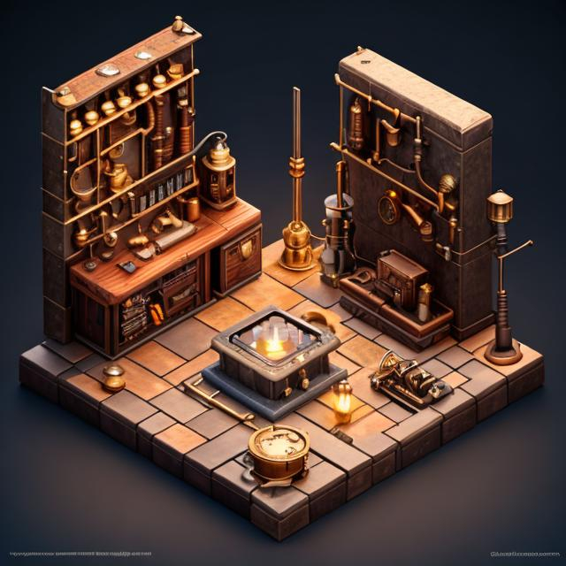 cute isometric steampunk forge and anvil in middle,...