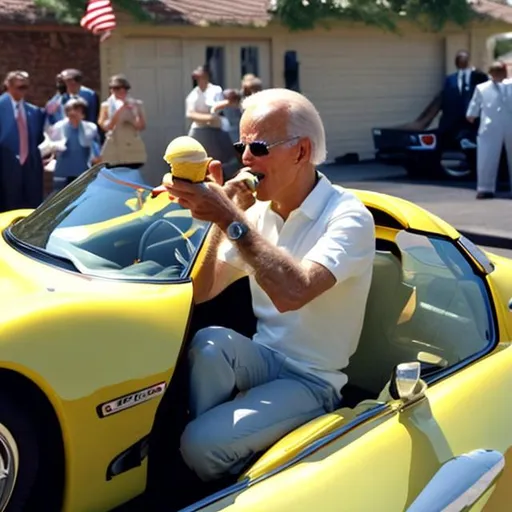 Biden driving the world's smallest yellow corvette w...