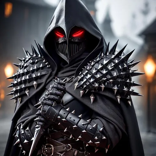 a dark executioner with spiky robe, hood, mask and d... | OpenArt