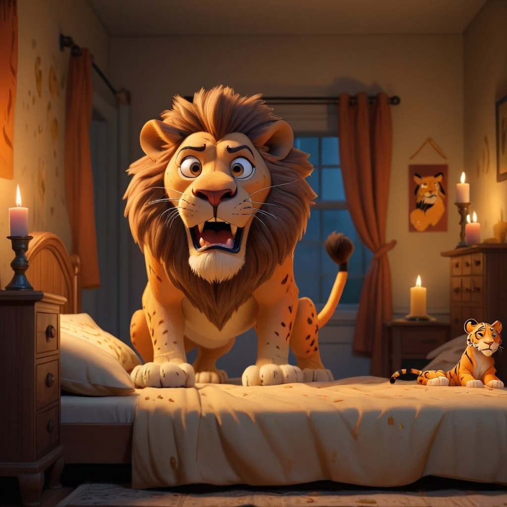 One shocked cartoon male lion enters a dimly lit bed...