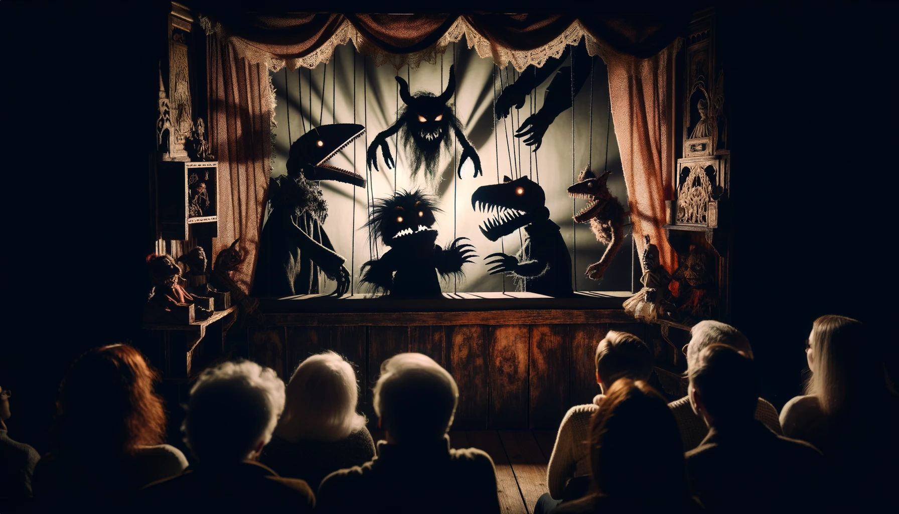 An eerie horror puppet show scene with sinister-look...