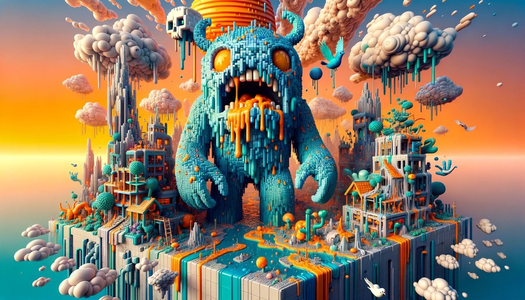 Photo of a surreal 3D landscape: A pixelated monster...