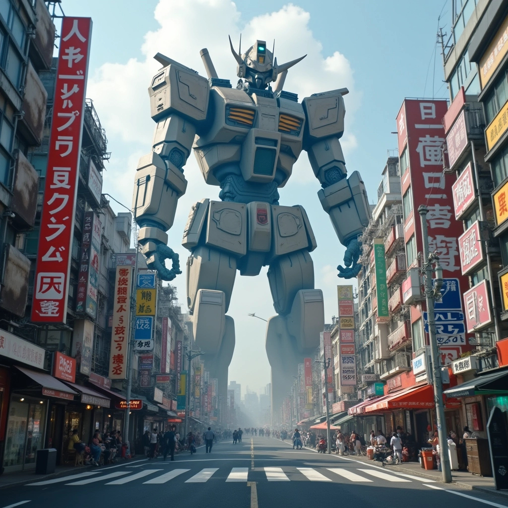 A giant robot is fighting a giant kaiju in the middl...