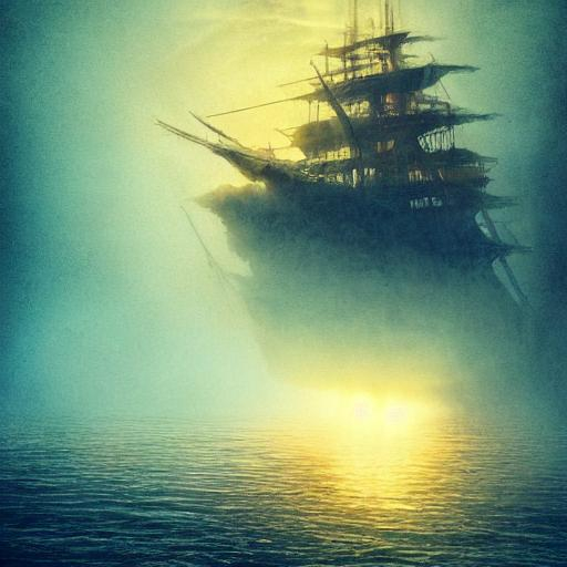 Ghost ship, fantasy art, golden hour, gossamer, deta...