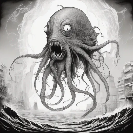 Ink line art. Lovecraftian. Eldritch fish man monste... | OpenArt