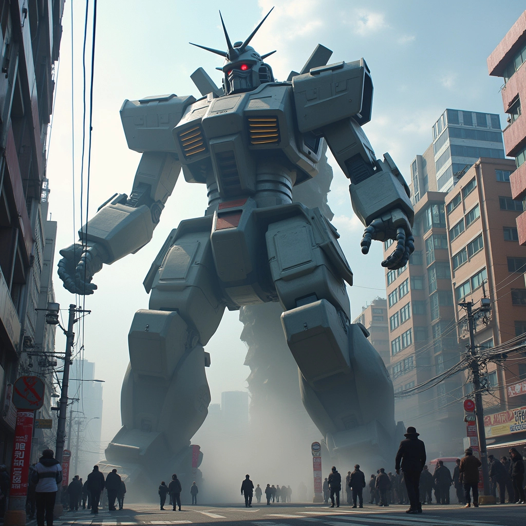 A giant robot is fighting a giant kaiju in the middl...